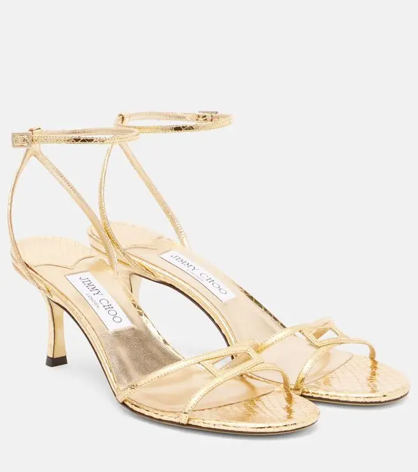 JIMMY CHOO Leo 65 Metallic Leather Sandals - Gold