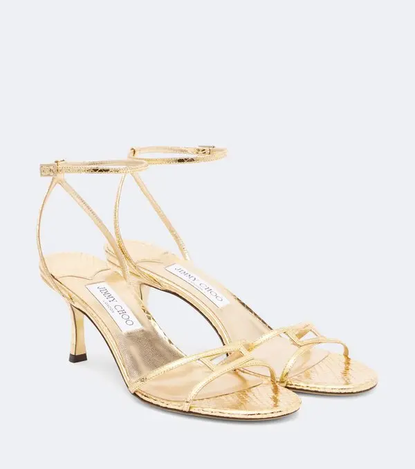 JIMMY CHOO Leo 65 Metallic Leather Sandals - Gold