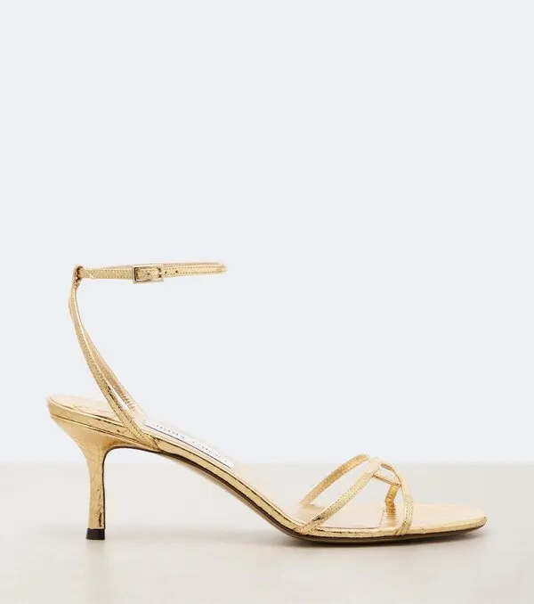 JIMMY CHOO Leo 65 Metallic Leather Sandals - Gold