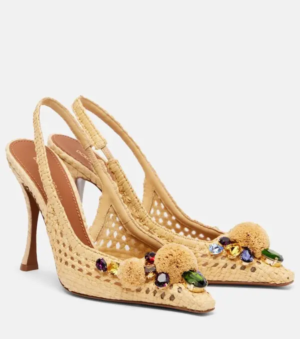 Dolce & Gabbana Embellished Raffia Slingback Pumps - Beige
