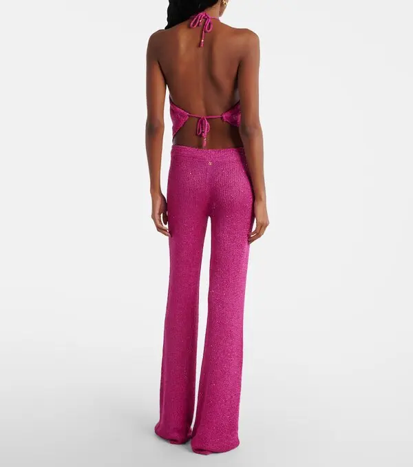 BANANHOT Liz Knitted Sequined Flared Pants - Pink