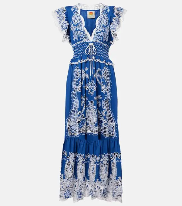 Farm Rio Embroidered Linen-blend Maxi Dress - Blue