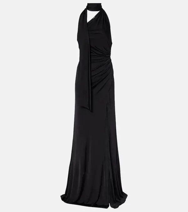 black graduation dress nearby ANNEKA Scarf-Detail Cut-Out Halterneck Maxi Dress in Black main image 1