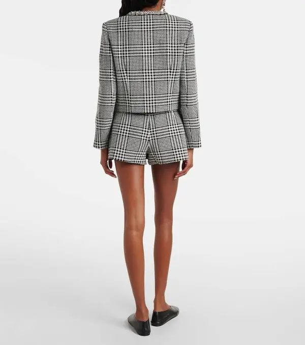 SELF-PORTRAIT Embellished Houndstooth Cropped Jacket - Black