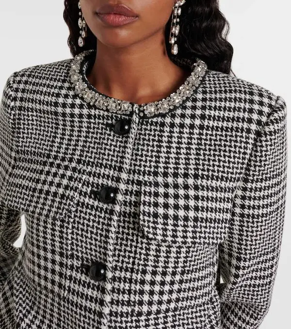 SELF-PORTRAIT Embellished Houndstooth Cropped Jacket - Black
