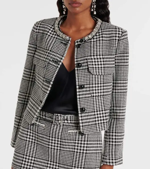 SELF-PORTRAIT Embellished Houndstooth Cropped Jacket - Black