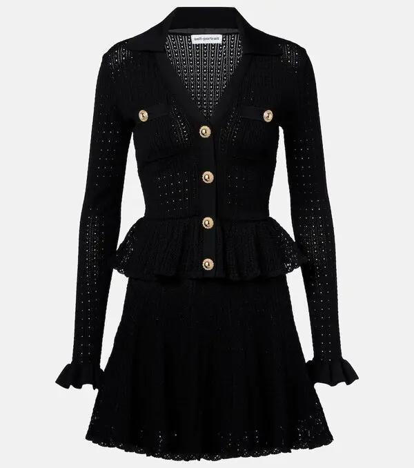 SELF-PORTRAIT Pointelle Peplum Minidress - Black