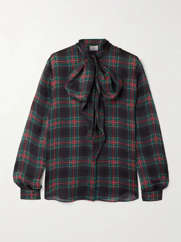 Saint Laurent Pussy-bow Checked Blouse