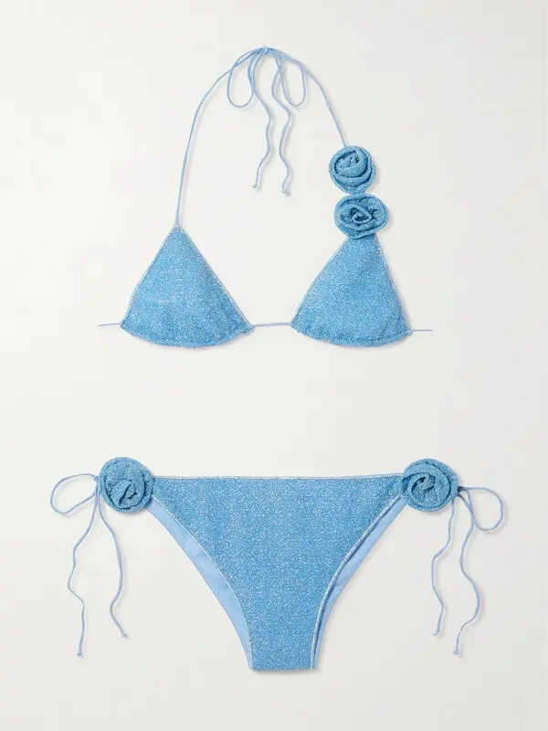 Oseree Lumière Rose Appliquéd Lurex Triangle Bikini - Blue