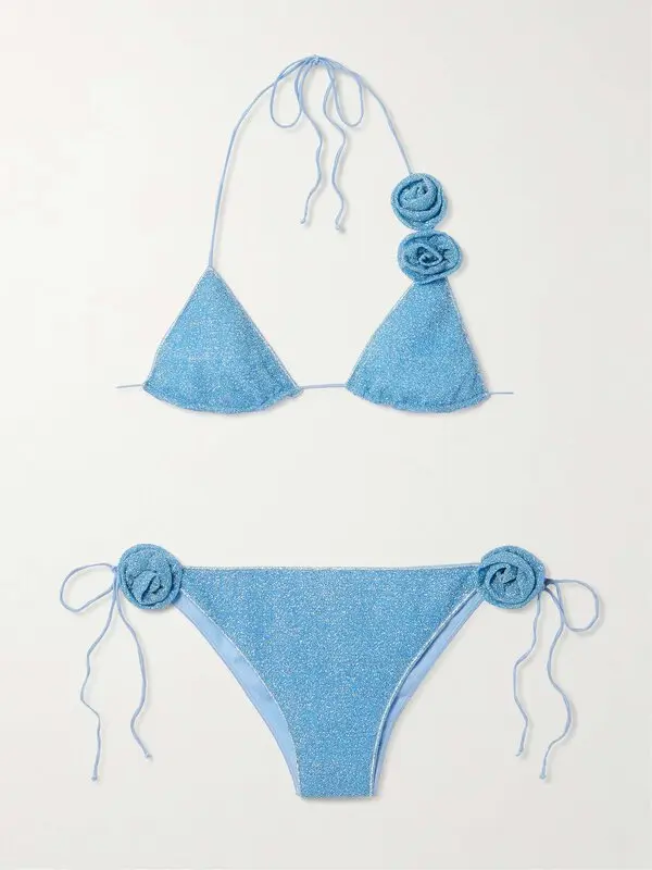 Oseree Lumière Rose Appliquéd Lurex Triangle Bikini - Light Blue