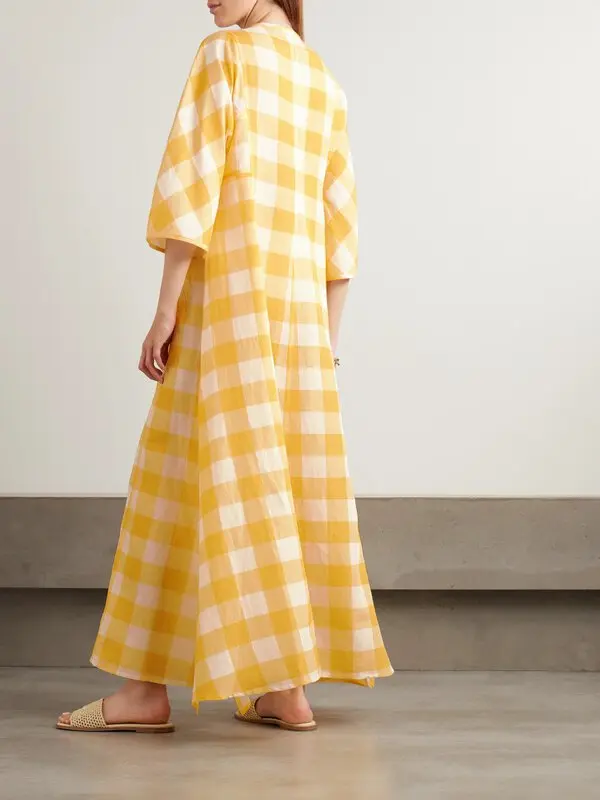 chinese dress ladies Ladies 70s Yellow & White Gingham Swiss Dot Maxi Dress