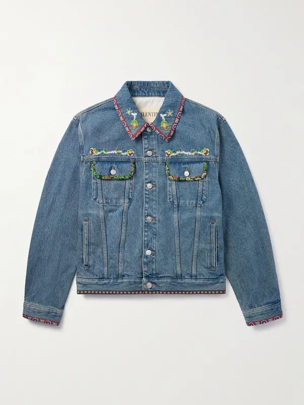 Valentino Garavani Floral-trimmed Denim Trucker Jacket - Blue