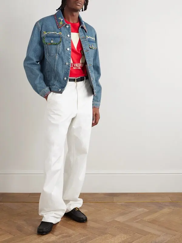 Valentino Garavani Floral-trimmed Denim Trucker Jacket - Blue