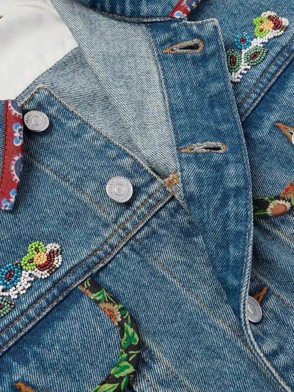 Valentino Garavani Floral-trimmed Denim Trucker Jacket - Blue