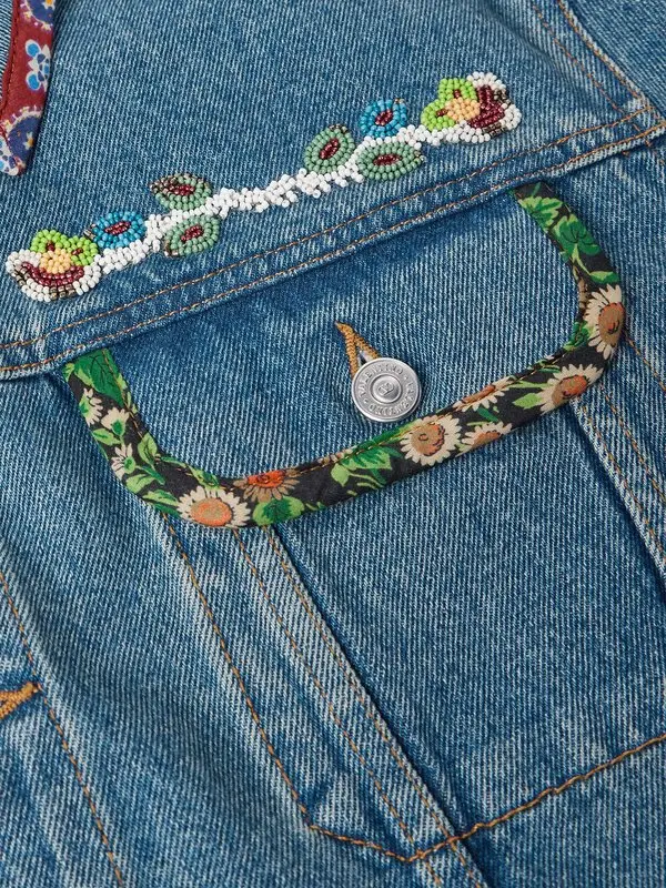 Valentino Garavani Floral-trimmed Denim Trucker Jacket - Blue