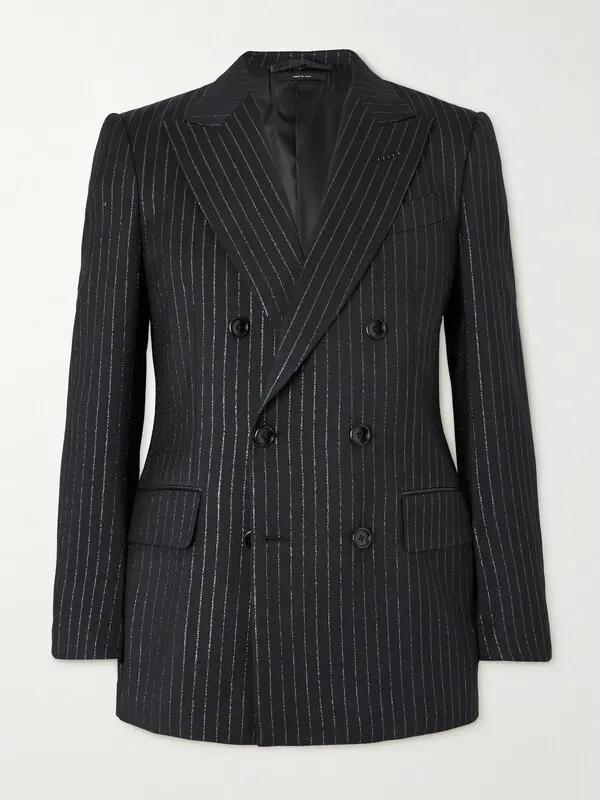TOM FORD Dyllan Double-breasted Striped Metallic Wool And Silk-blend Suit Jacket - Black