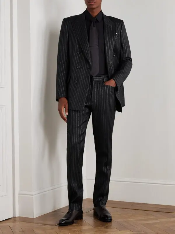 TOM FORD Dyllan Double-breasted Striped Metallic Wool And Silk-blend Suit Jacket - Black