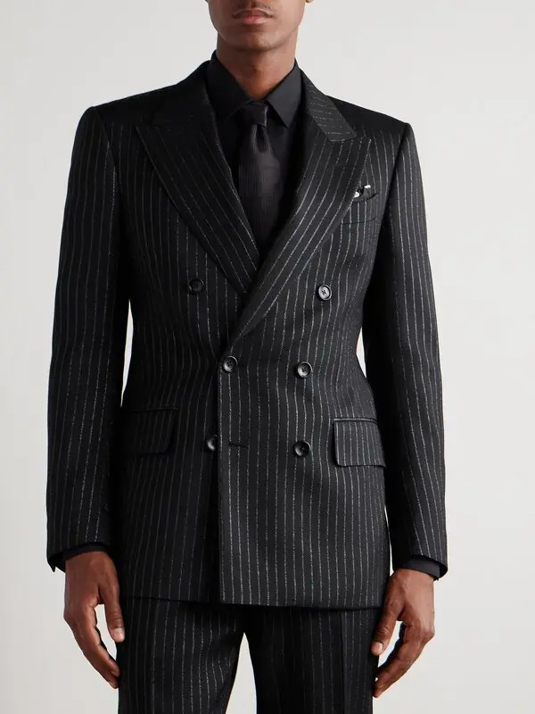 TOM FORD Dyllan Double-breasted Striped Metallic Wool And Silk-blend Suit Jacket - Black