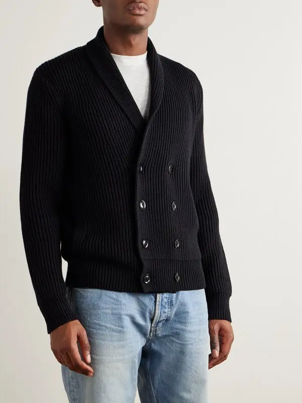 TOM FORD Shawl-collar Double-breasted Ribbed Cardigan - Black