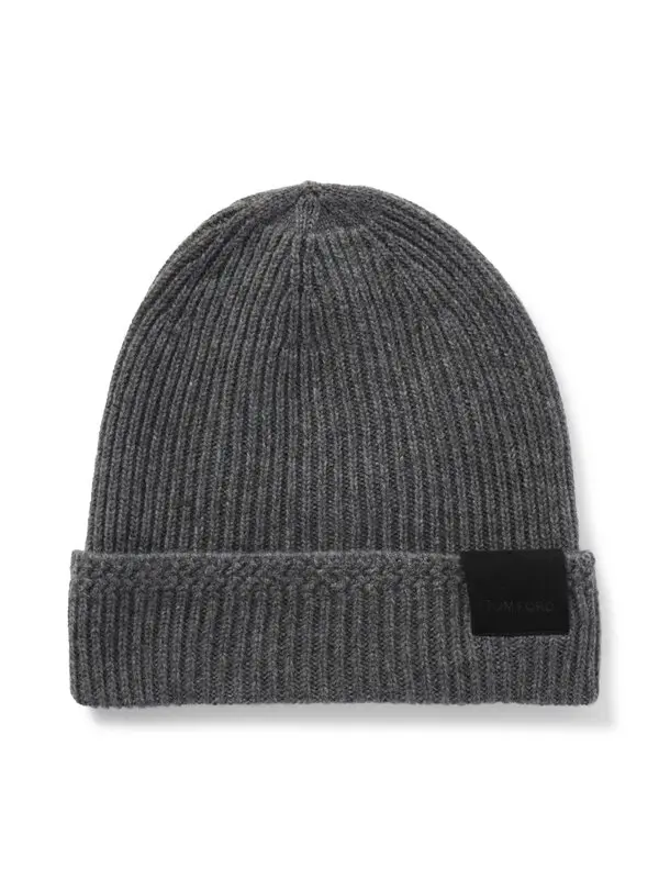 TOM FORD Logo-appliquéd Ribbed Cashmere Beanie - Gray