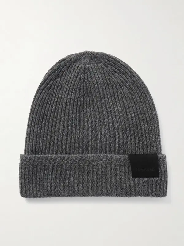 TOM FORD Logo-appliquéd Ribbed Cashmere Beanie - Gray