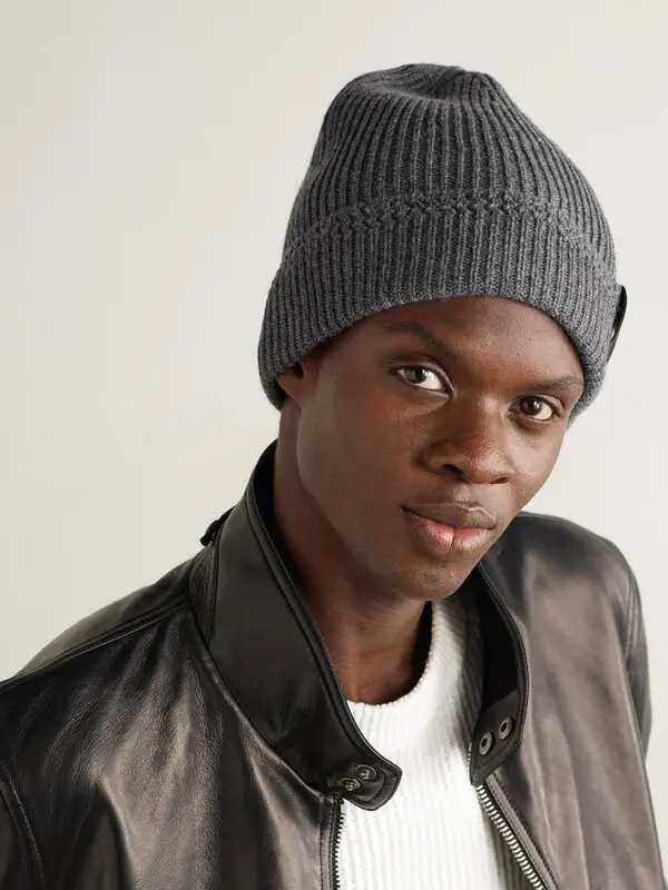 TOM FORD Logo-appliquéd Ribbed Cashmere Beanie - Gray