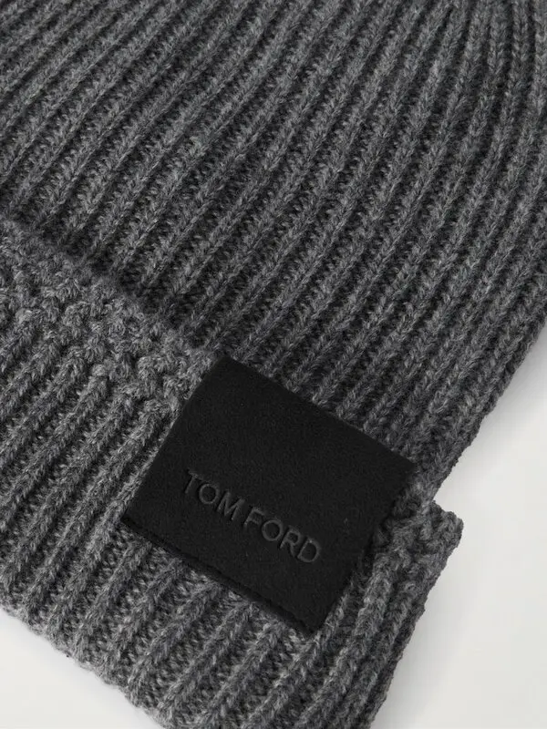 TOM FORD Logo-appliquéd Ribbed Cashmere Beanie - Gray