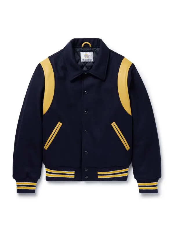 Golden Bear Striped Leather-trimmed Wool-blend Varsity Jacket - Blue