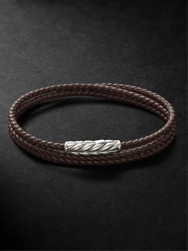 David Yurman Chevron Braided Leather And Sterling Silver Wrap Bracelet - Brown
