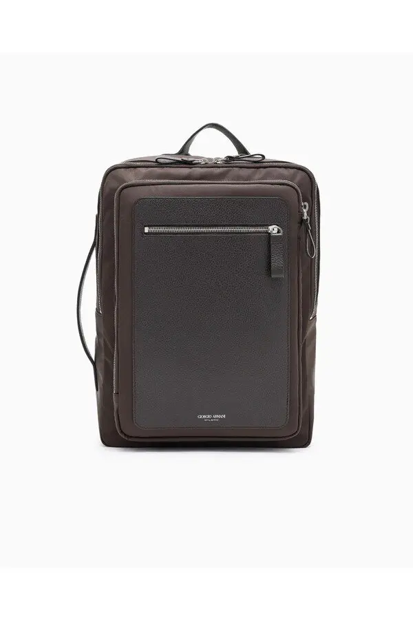 Giorgio Armani Asv Nylon And Pebbled-leather Backpack - Brown