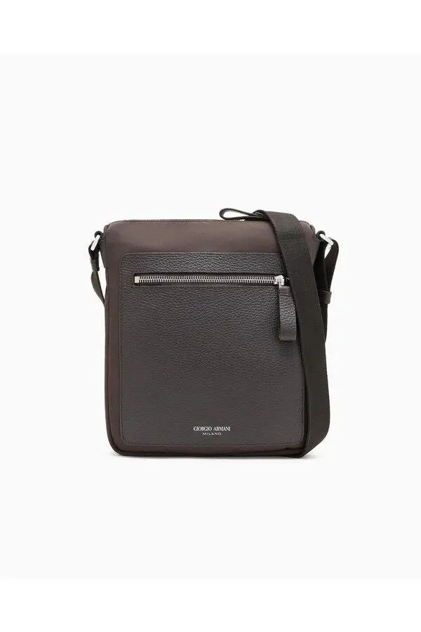 Giorgio Armani Crossbody Bag In Nylon And Pebbled Leather - Brown