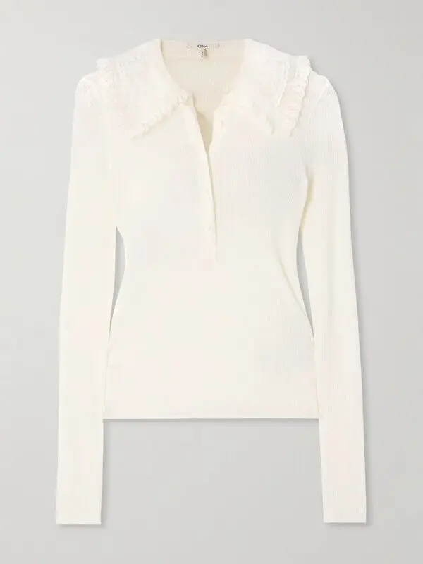 Chloé Lace-trimmed Ribbed Wool Polo Shirt - White