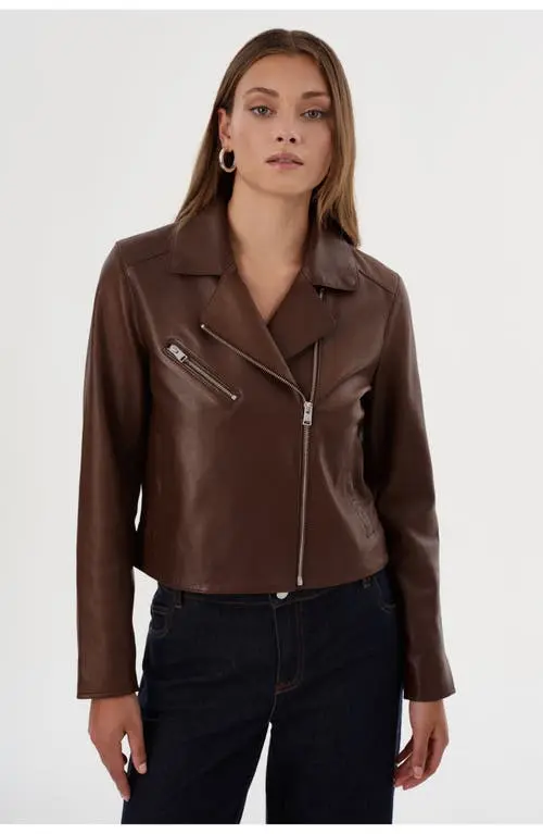 LAMARQUE Valeria Leather Biker Jacket - Brown