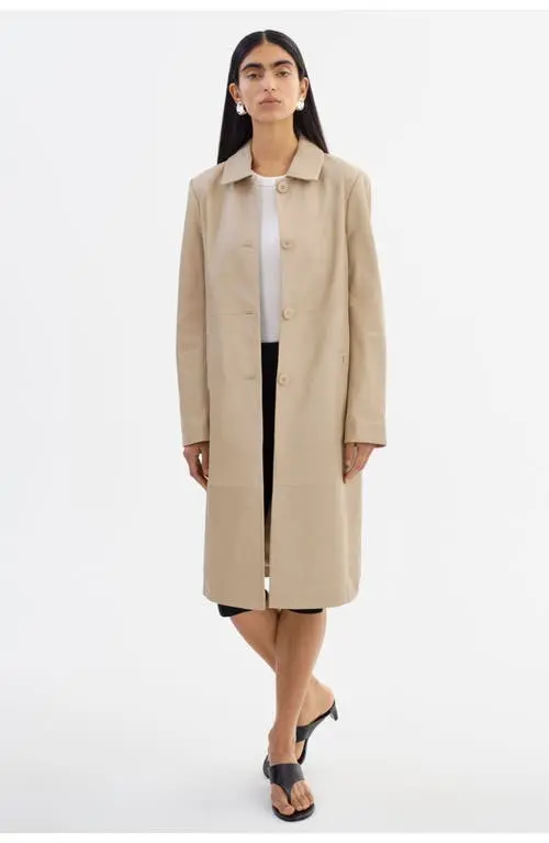LAMARQUE Longline Leather Coat - Stone