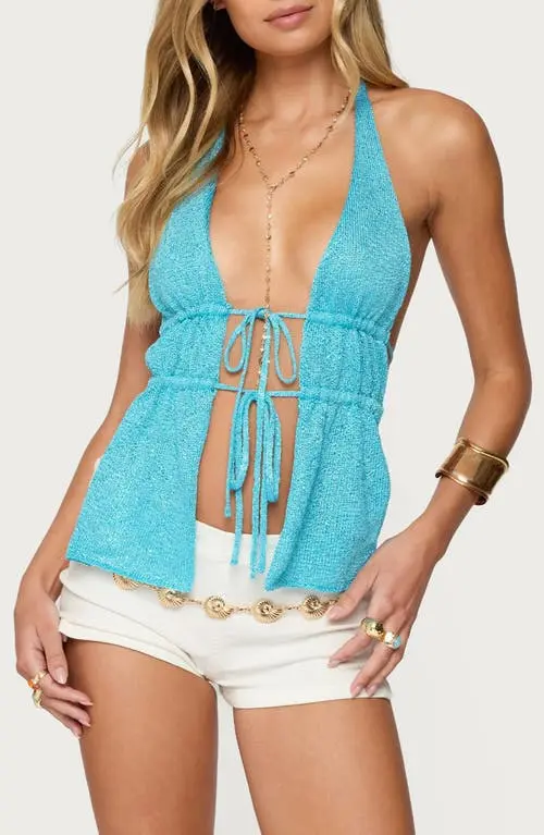 EDIKTED Sequin Knit Halter Top - Turquoise