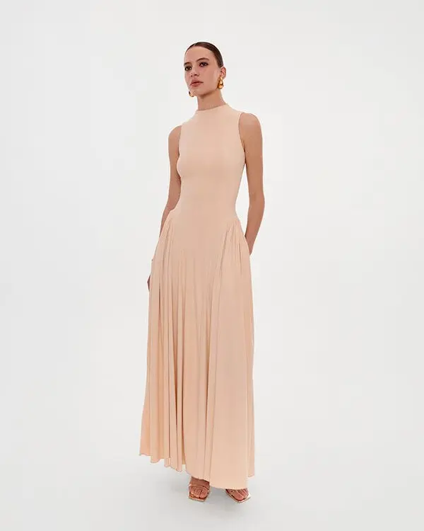 MILLA Sleeveless Maxi Dress With Pleated Skirt - Nude