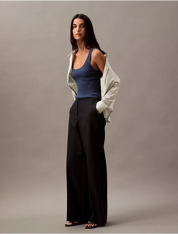 Calvin Klein Pinstripe Wool Blend Wide Leg Trousers