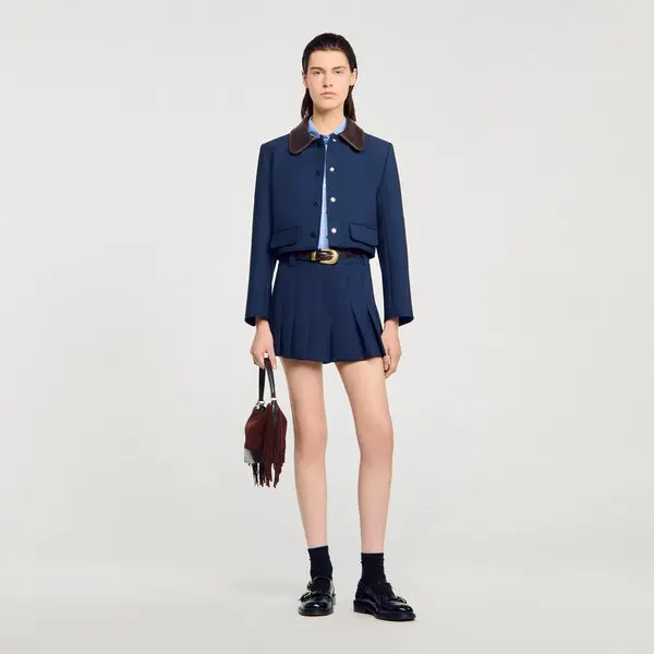 Sandro Cropped Jacket With Leather Collar - Navy Blue