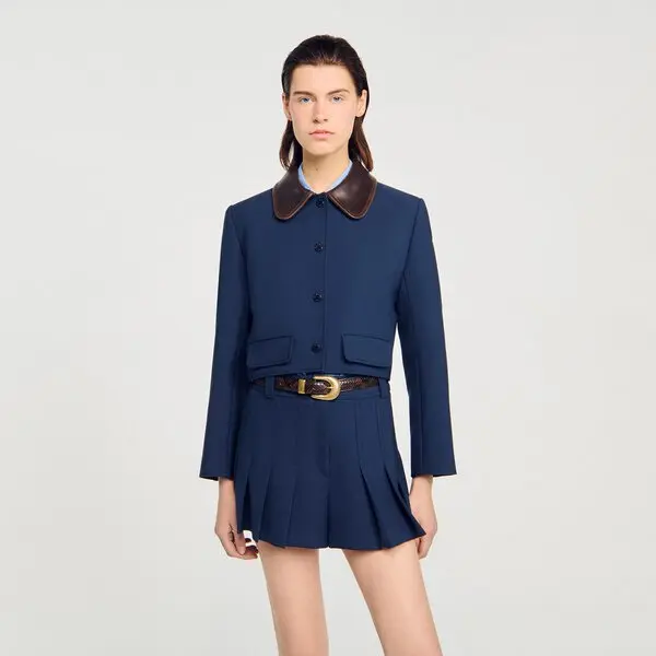 Sandro Cropped Jacket With Leather Collar - Navy Blue