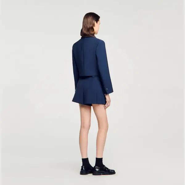 Sandro Cropped Jacket With Leather Collar - Navy Blue