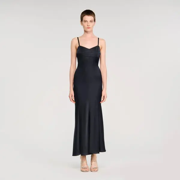 Sandro Satin-Effect Maxi Dress - Navy Blue - 50% Off | Editorialist