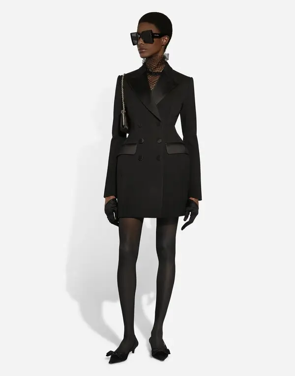 Dolce & Gabbana Long Double-breasted Stretch Wool Tuxedo Jacket - Black