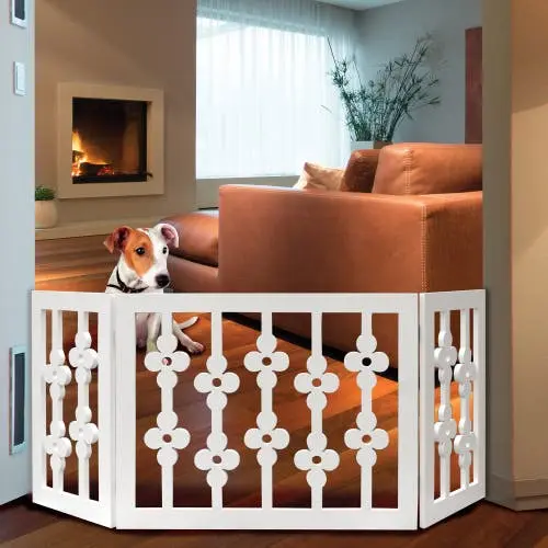 ETNA PRODUCTS Wooden Pet Gate White Floral, 3section Dog Gate