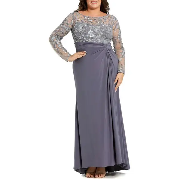 Mac Duggal Embroidered Bodice Jersey Skirt Gown - Charcoal