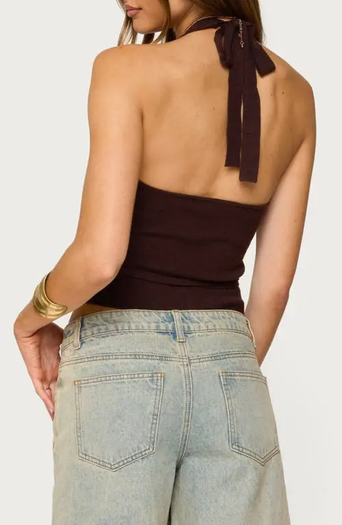 EDIKTED Belted Knit Halter Top - Brown