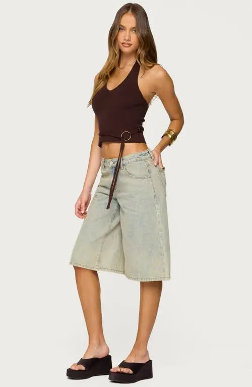 EDIKTED Belted Knit Halter Top - Brown