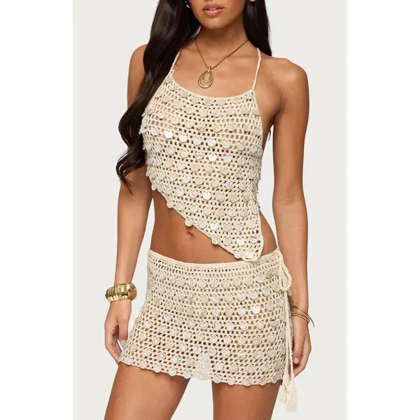 EDIKTED Alora Paillette Sequin Asymmetric Crop Top - Beige