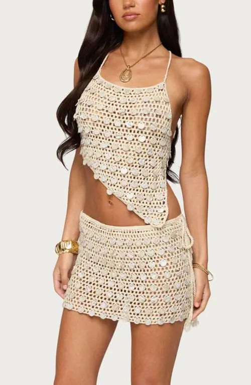 EDIKTED Alora Paillette Sequin Asymmetric Crop Top - Beige