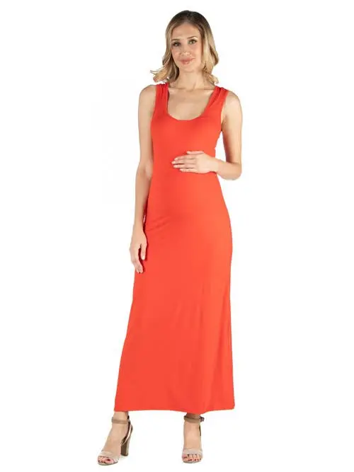 24SEVEN COMFORT APPAREL Maternity Scoop Neck Maxi Dress - Orange