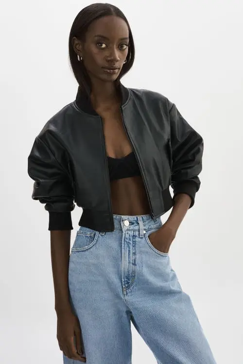 LAMARQUE Evelin Cropped Faux Leather Bomber Jacket - Black